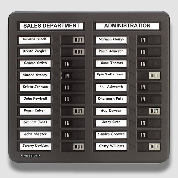 Indesign In Out Staff Boards for up to 20 Staff Names White Light Display