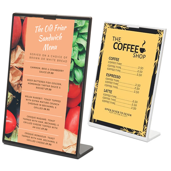 Plastic Menu L Stand in Black or White | A5 and A6 White Light Display
