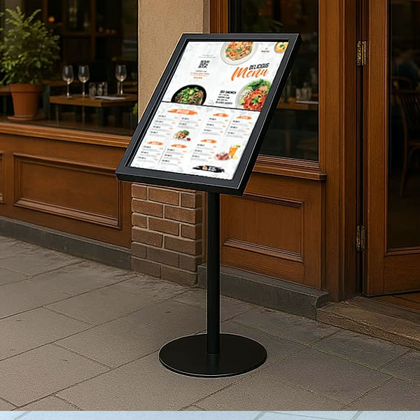 Seco Black Menu Stand in size 4 x A4 White Light Display